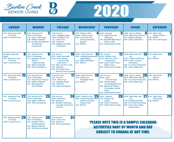 Sample Activity Calendar | Barton Creek Senior Living